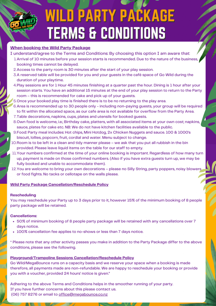 Wild Party Package T&C’s – Go Wild Indoor Fun Park